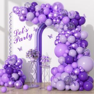 136pcs purple balloons garland arch kit, 18 12 10 5 in dark light metallic purple confetti latex balloons different sizes for purple birthday butterfly wedding baby shower party decorations