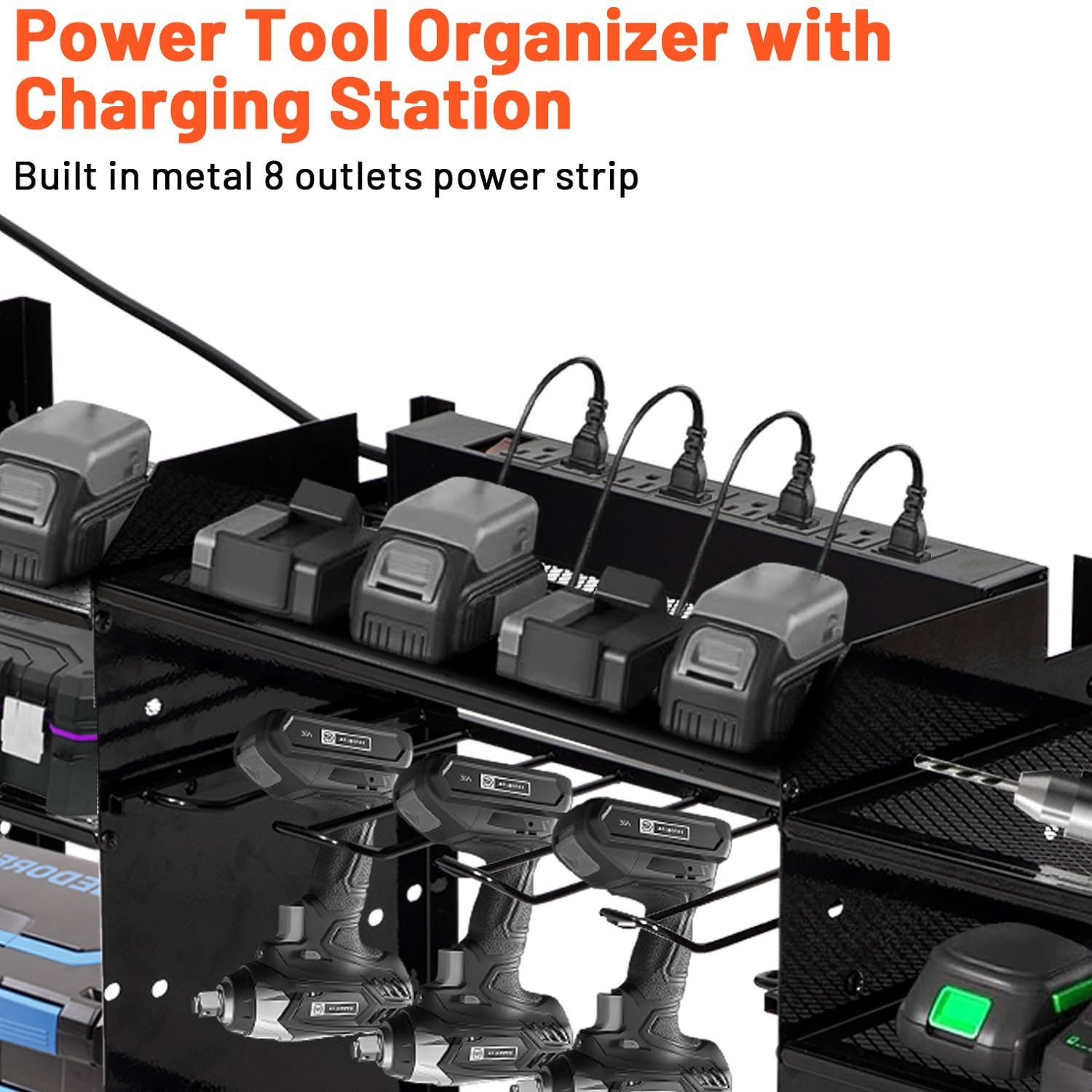 DIYTUNINGS Large Tools Organizer Wall Mount Charging Station,39 Inch Long Power Tool Battery Storage Rack with Screwdriver/Plier/Hammer Holder,Garage Utility Shelves Pegboard Hanging Extension Black