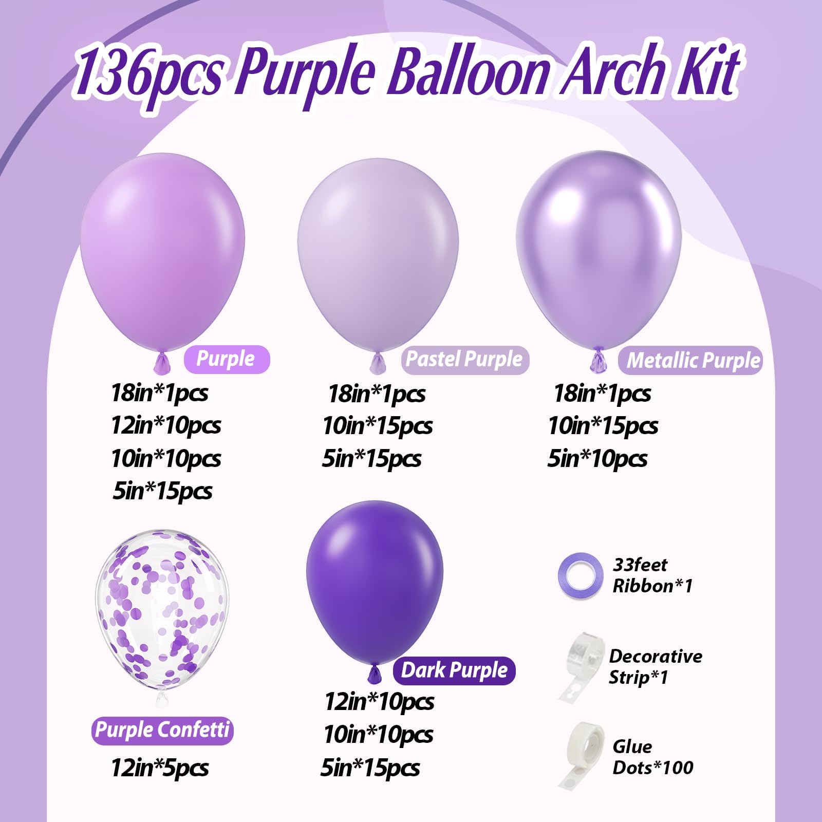 136pcs Purple Balloons Garland Arch Kit, 18 12 10 5 In Dark Light Metallic Purple Confetti Latex balloons Different Sizes for Purple Birthday Butterfly Wedding Baby Shower Party Decorations