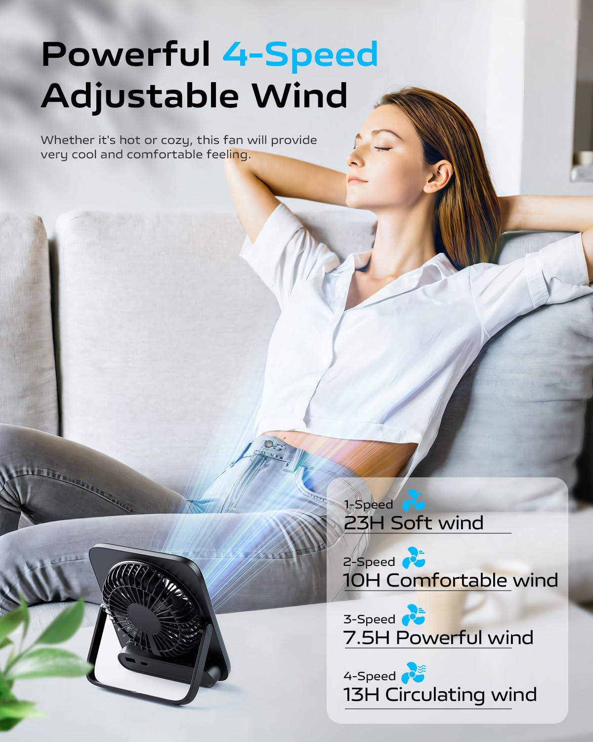 Otlonpe Desk Fan, Rechargeable Portable Fan Slim Quiet, 4000mAh Small Personal Table Fan Battery Operated 7.5-22H, Power Bank, 4 Speeds, 180° Foldable Desktop Fan for Travel Home Office Outdoor, Black