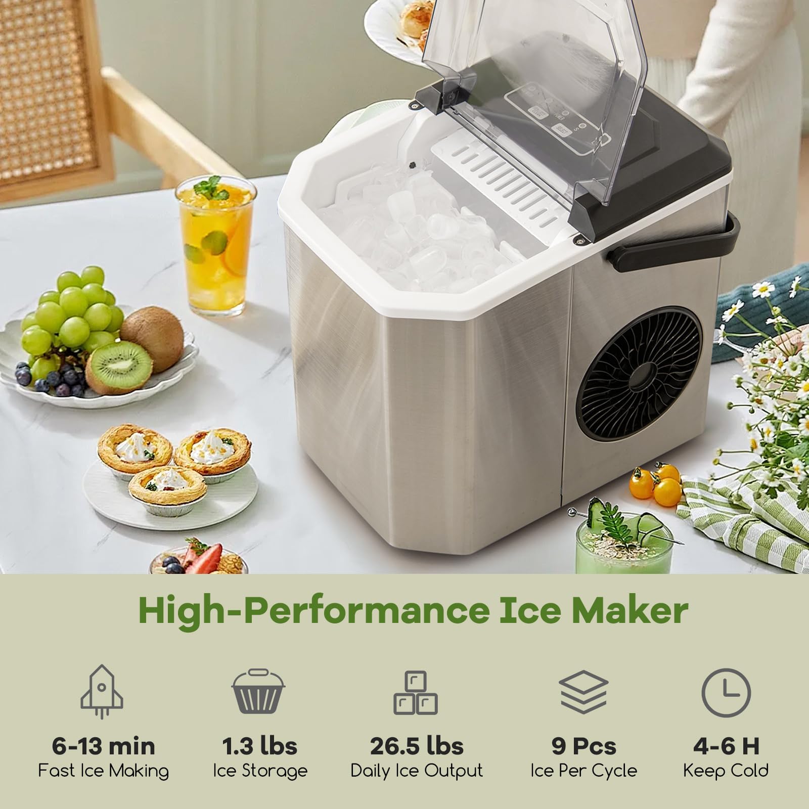 CLEEMAN Ice Makers Countertop, Portable Ice Maker, 9 Ice Cubes Ready in 6-13 Mins, 2 Sizes of Bullet Ice, Self-Cleaning, Ice Machine with Ice Scoop & Basket for Home/Kitchen/Party/RV (Silver)