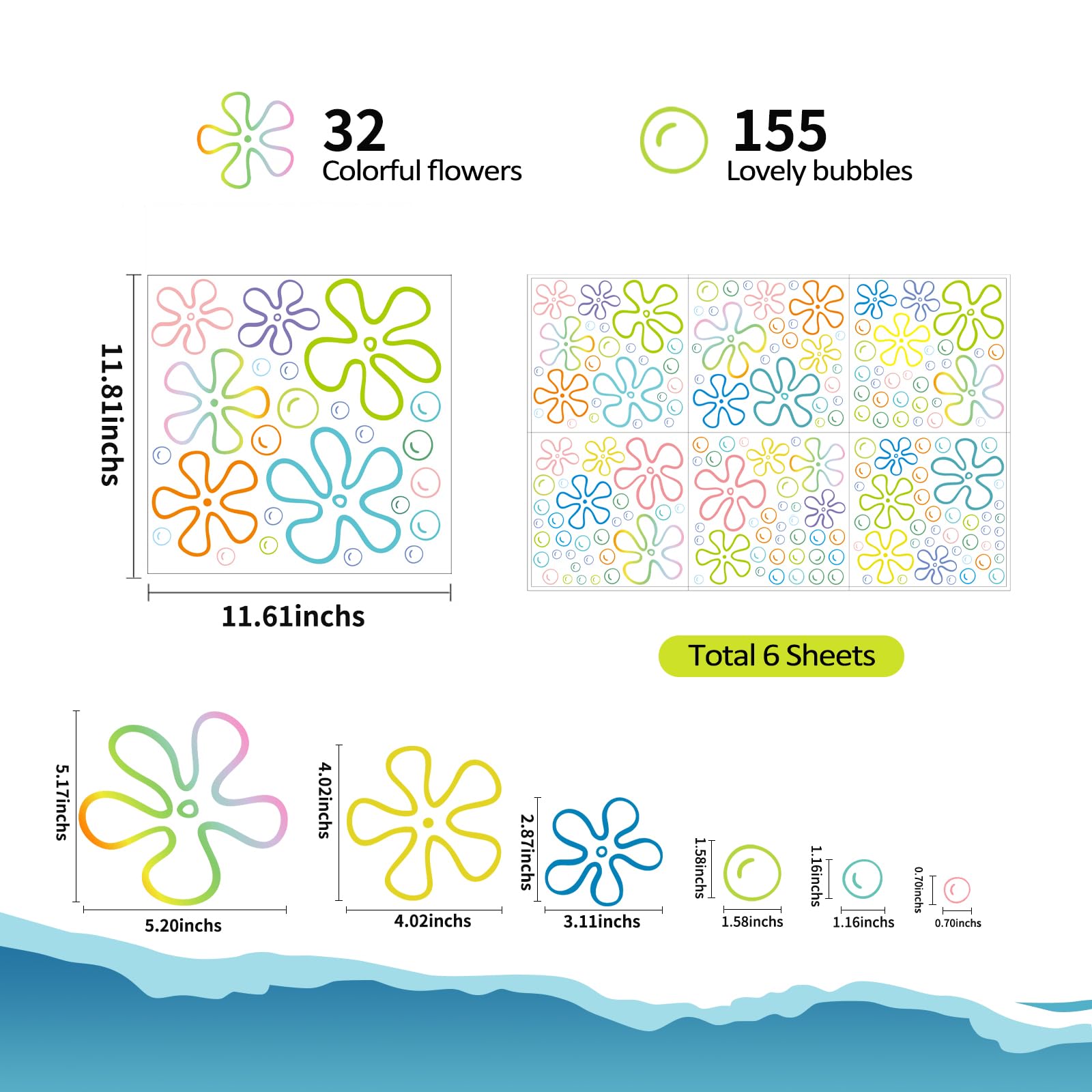 Rotumaty 187 PCS Bikini Flower Bubble Wall Decals Under The Sea Birthday Party Decorations Ocean Wall Stickers Wall Decor for Bathroom Nursery Bedroom Home School Car