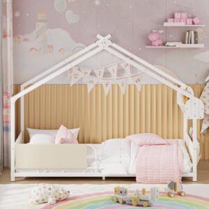 Timy House Bed Twin Size Montessori House Bed Metal Floor Bed with Storage Rack and Caddy Twin Bed Frame for Kids No Box Spring Needed White