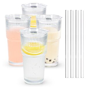 icesip 20 oz 4 pcs drinking glass set with straw and lid vertical stripes ribbed iced coffee mugs vintage glass cup for tea juice soda smoothie(clear*4)