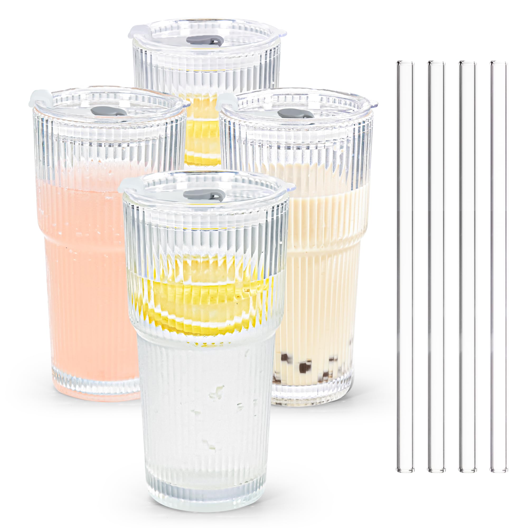 Icesip 20 oz 4 Pcs Drinking Glass Set with Straw and Lid Vertical Stripes Ribbed Iced Coffee Mugs Vintage Glass Cup for Tea Juice Soda Smoothie(Clear*4)