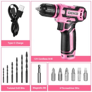 Cordless Drill：DEKOPRO 12V Power Drill Set with Pink Electric Drill with Tool Set Gift Box, Pink Drill Set for Women