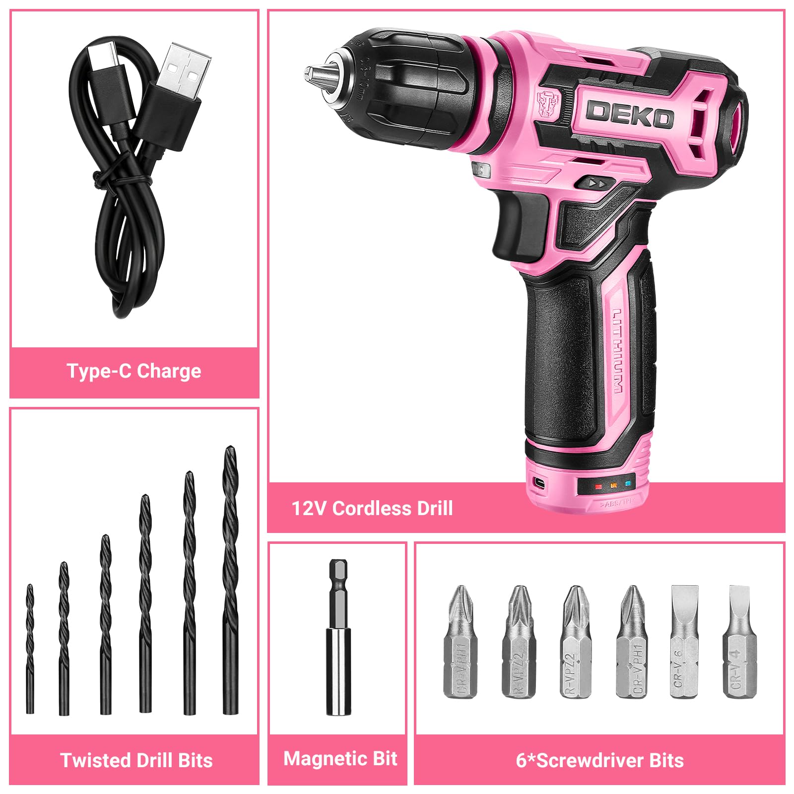 Cordless Drill：DEKOPRO 12V Power Drill Set with Pink Electric Drill with Tool Set Gift Box, Pink Drill Set for Women