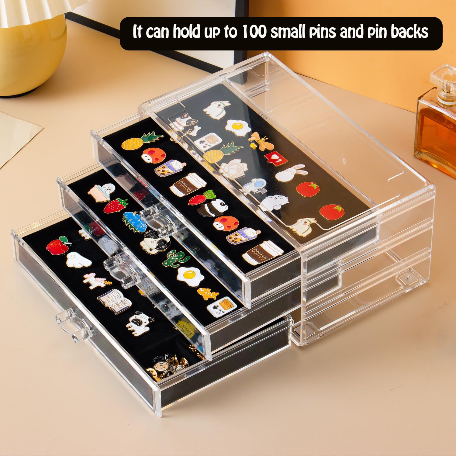 SPAKOWN Pin Display Case, 3 Drawers Enamel Pin Display Box Dustproof Pin Collection Display Holder Pin Organizer for Collectors (Black)