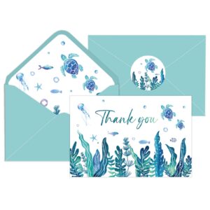 jarthenaamcs 24 set under the sea thank you cards with envelopes and stickers blue seaweed sea turtles fish greeting cards for birthday wedding baby shower, 4 x 6 inch