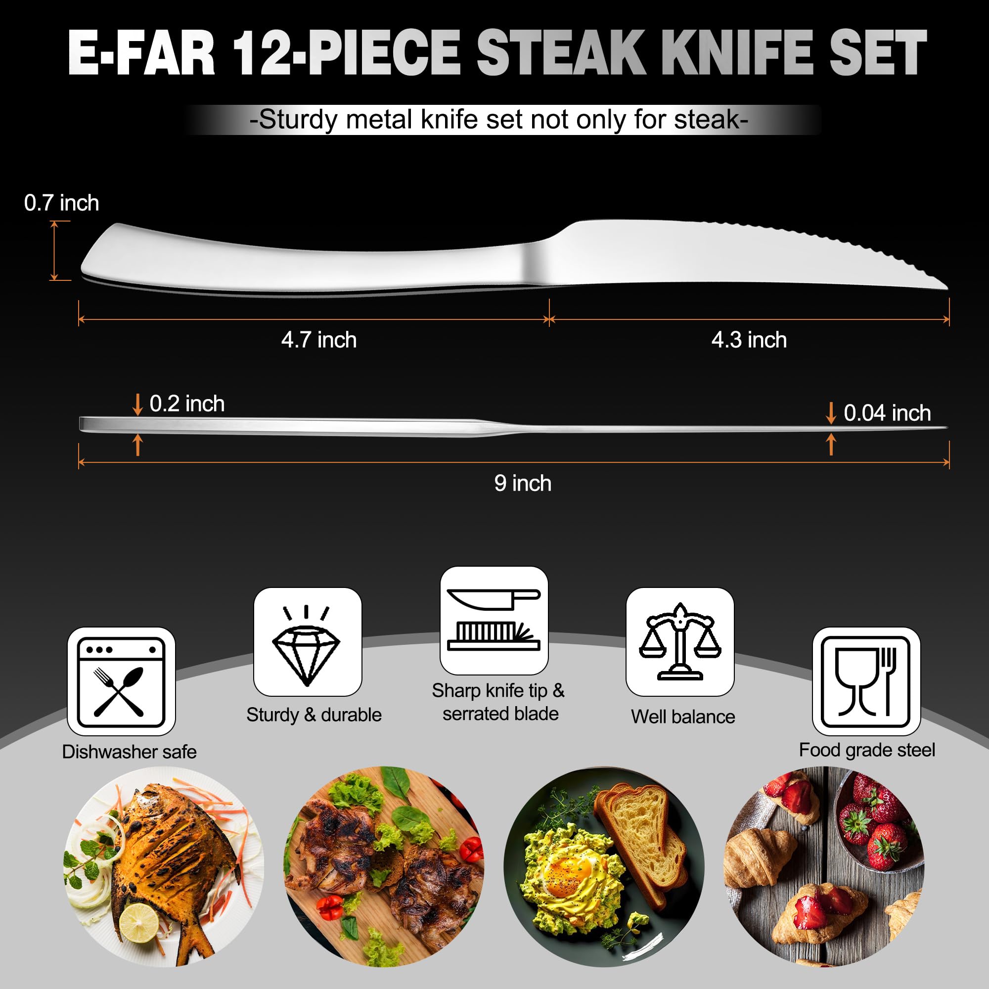 E-far Serrated Steak Knives Set of 12, Stainless Steel Dinner Knife for Home Kitchen Restaurant, 9 Inch Table Knife with Ergonomic Handle and Sharp Tip & Blade, Mirror Silver & Dishwasher Safe