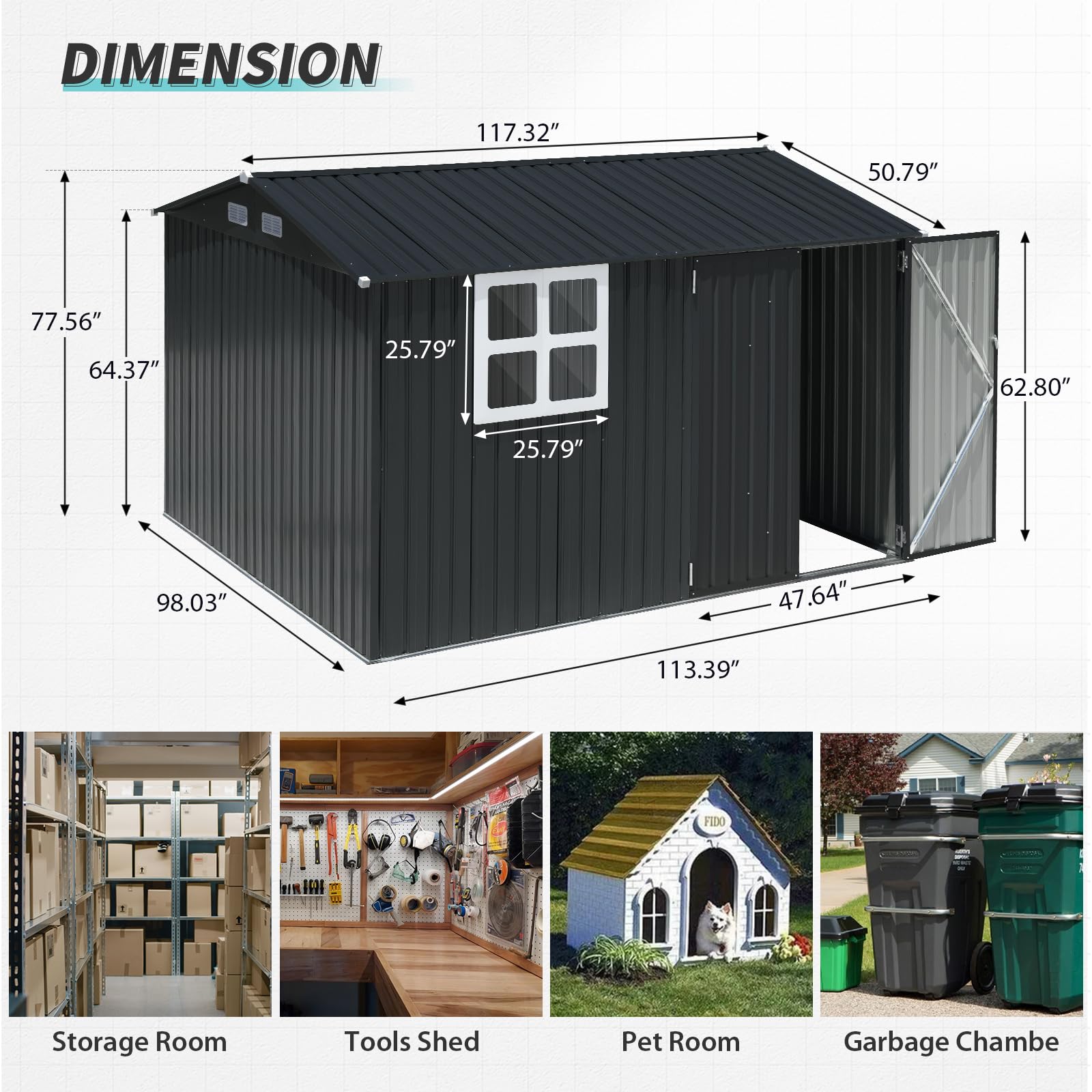 Verano Garden 10x8FT Outdoor Storage Shed, Large Galvanized Steel Metal Garden Shed with Window, Lockable Double Door, Outdoor Tool Shed for Backyard, Patio, Lawn(113.39"x98.03"x77.56")