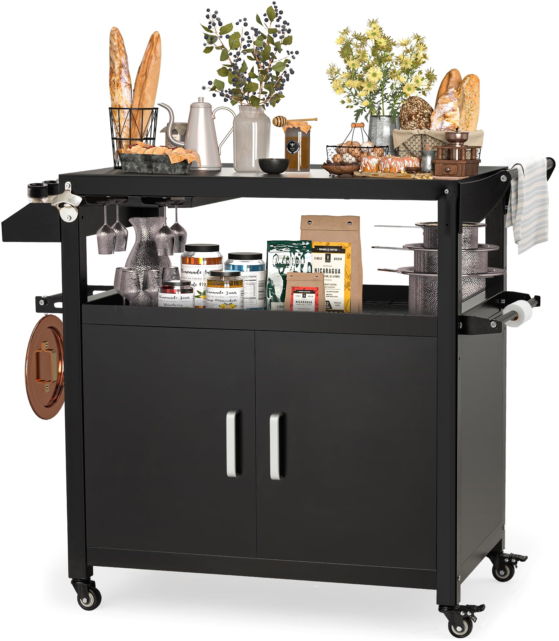 JFHID Outdoor Grill Cart Kitchen Storage Cabinets Island with Wheels Buffet Prep Tables for Outside Steel BBQ Bar Carts for Patio Serving Tables Cooking Station Countertops for Grilling Supplies