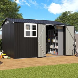 verano garden 10x8ft outdoor storage shed, large galvanized steel metal garden shed with window, lockable double door, outdoor tool shed for backyard, patio, lawn(113.39"x98.03"x77.56")