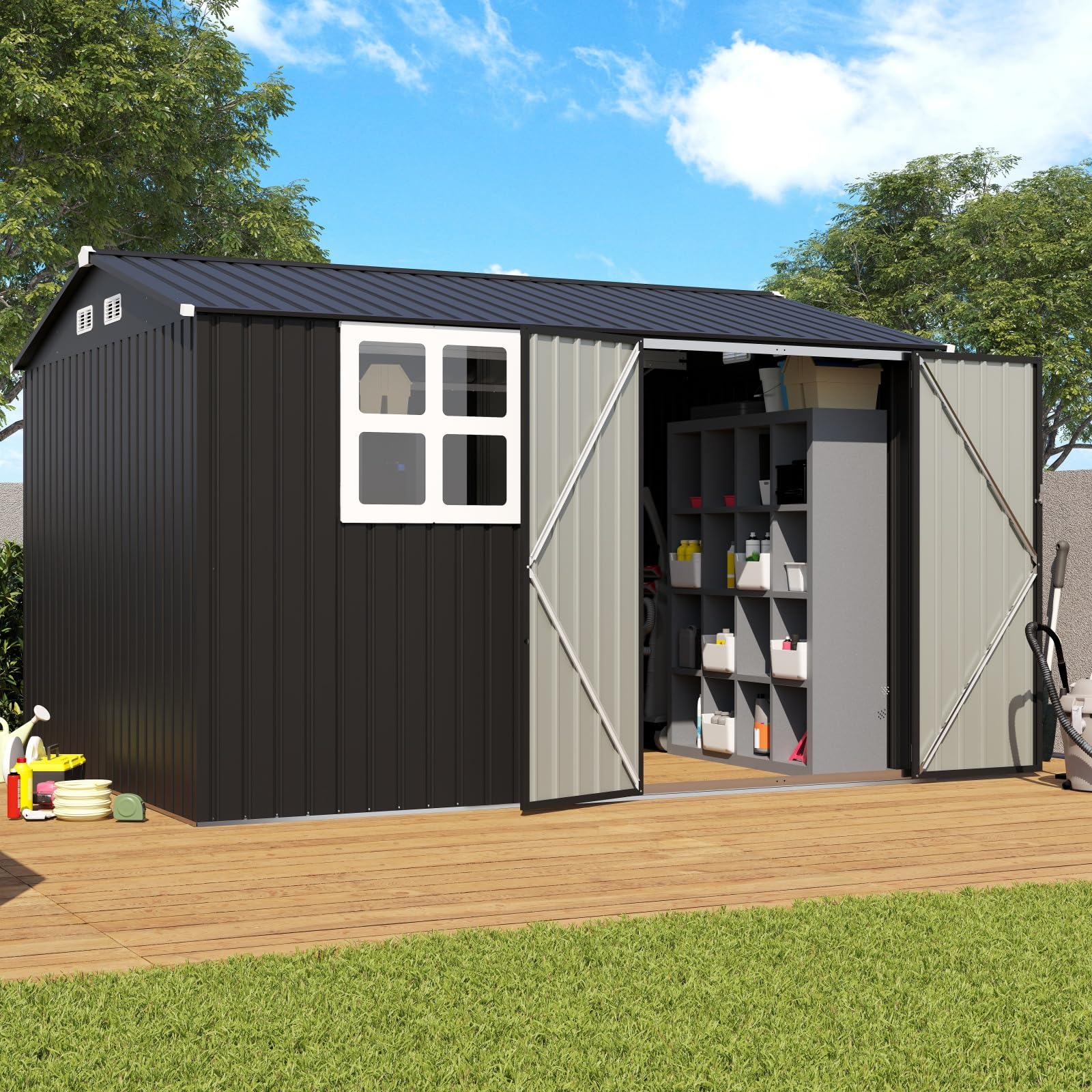 Verano Garden 10x8FT Outdoor Storage Shed, Large Galvanized Steel Metal Garden Shed with Window, Lockable Double Door, Outdoor Tool Shed for Backyard, Patio, Lawn(113.39"x98.03"x77.56")