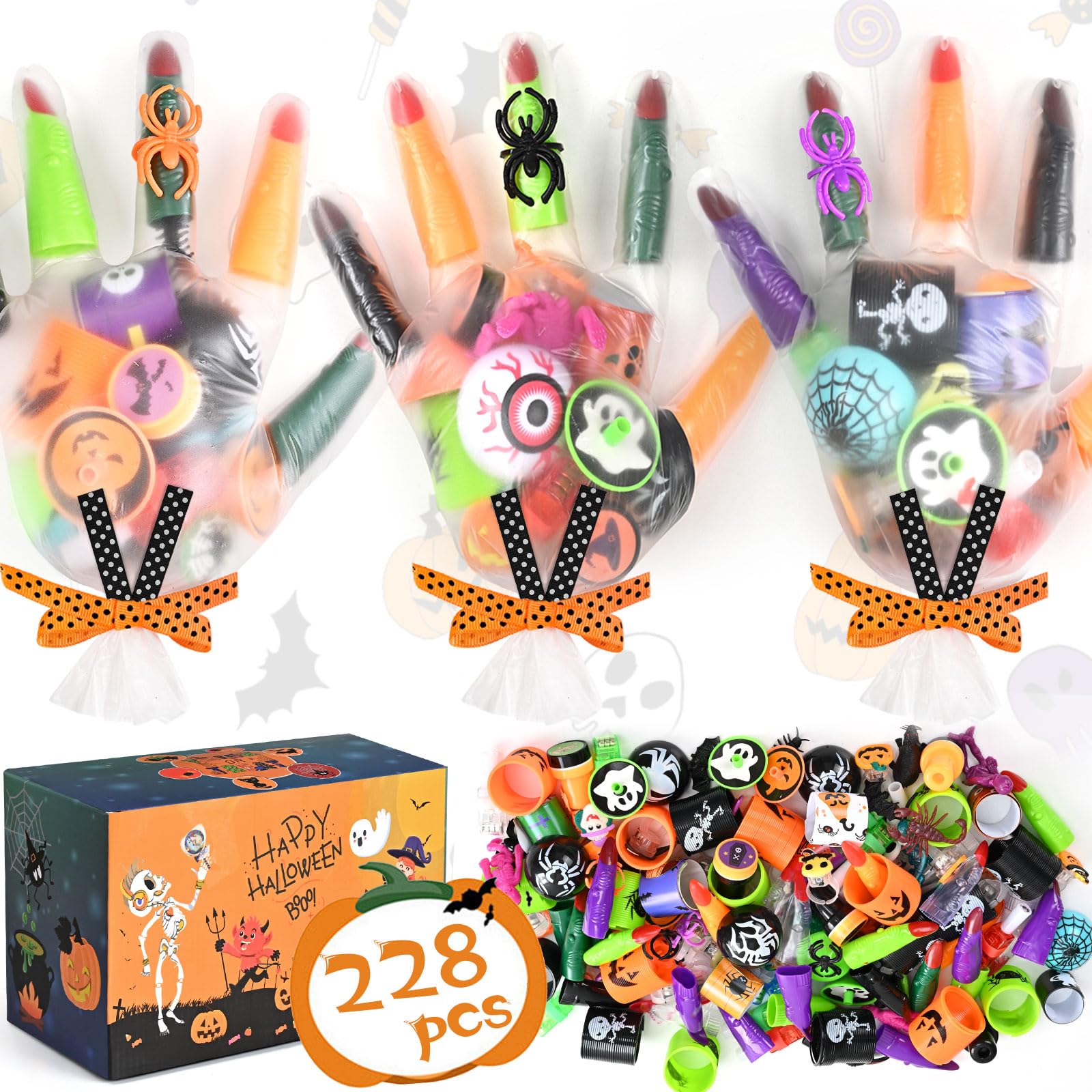 NatuBeau 228 Pcs Halloween Party Favors for Kids, Non-Candy Halloween Treat Bag Fillers, 12 Pack Gloves Trick or Treat Toys in Bulk, Halloween Gifts for Classroom Prizes Halloween Party