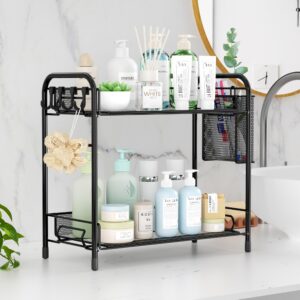 VITVITI Mesh Bathroom Organizer Countertop, 2-Tier Metal Bathroom Counter Organizer and Storage, Vanity Organizer Sink Shelf Kitchen Spice Rack with Basket and Hooks, Black