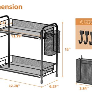 VITVITI Mesh Bathroom Organizer Countertop, 2-Tier Metal Bathroom Counter Organizer and Storage, Vanity Organizer Sink Shelf Kitchen Spice Rack with Basket and Hooks, Black