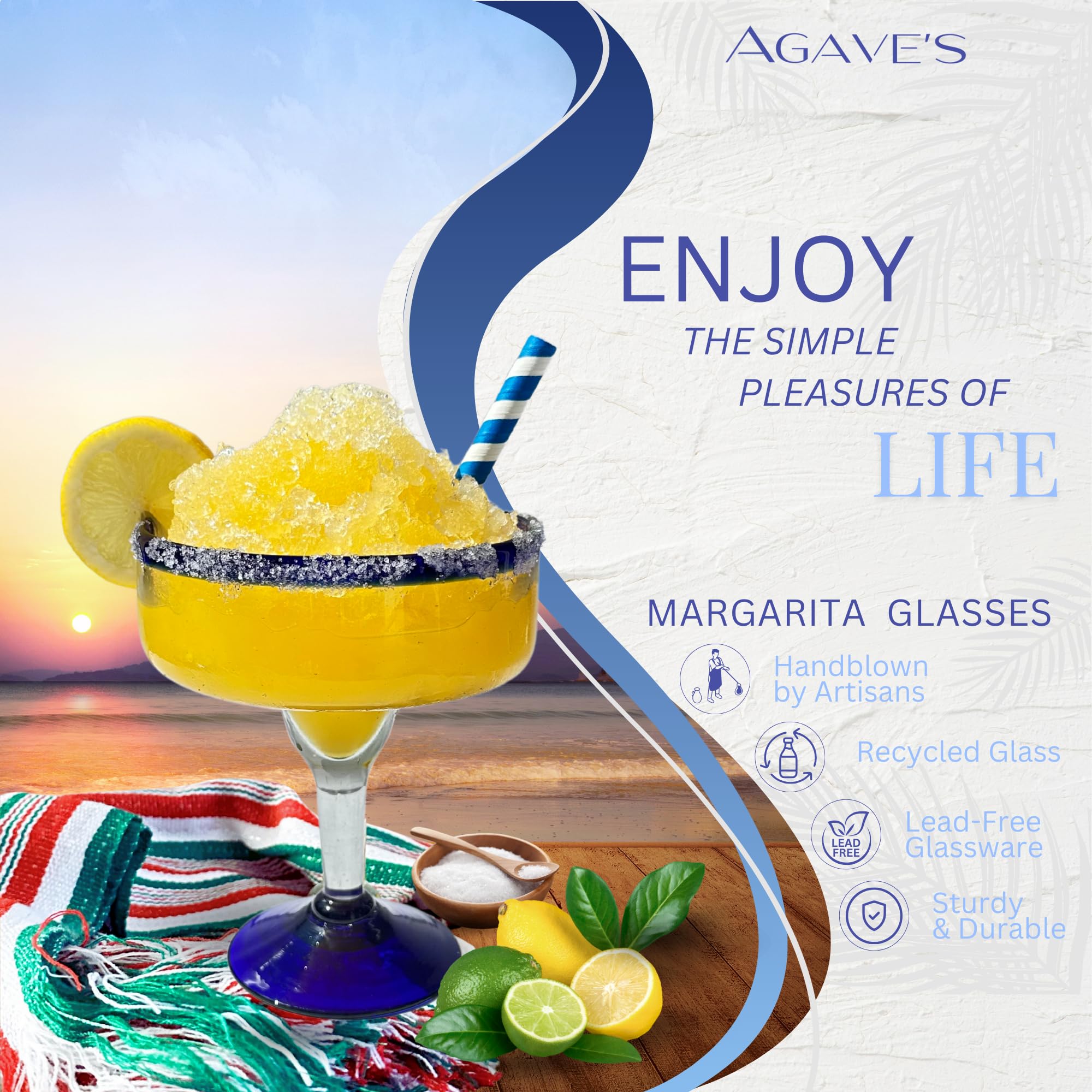 AGAVE'S GLASSWARE Margarita Glasses Set of 4 (16 oz) Gift Box – Cobalt Blue Rim Margarita Glass, Handmade, Mexican Glassware, Cocktail Glasses, Coupe Glasses (Cobalt Blue Rim).