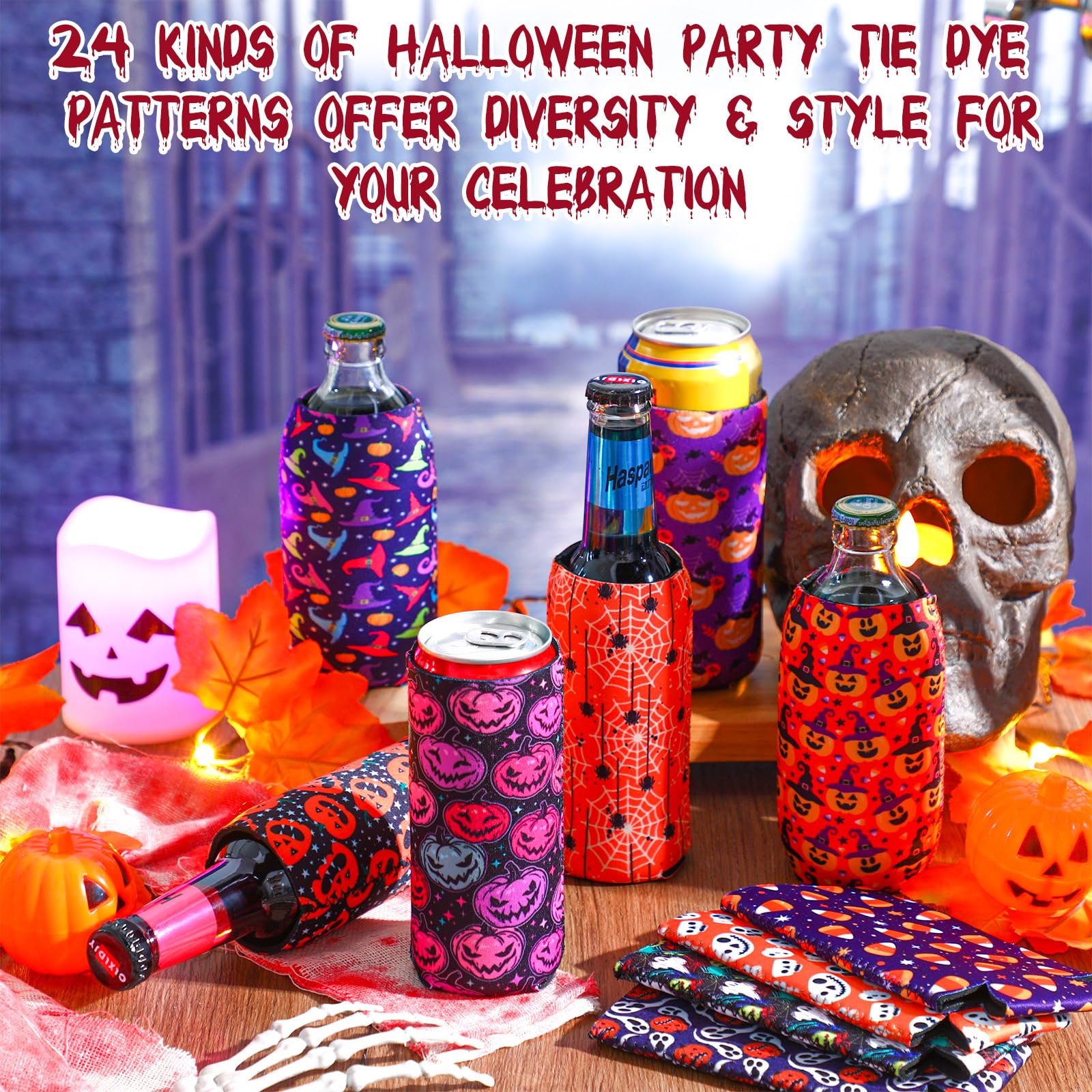 Potchen 24 Pcs Halloween Can Coolers Sleeves 12 oz Witch Skull Can Cooler Sleeves Neoprene Slim Beer Can Cooler Sleeves Bottle Insulator for Halloween Party Favors Gifts Decor Supplies