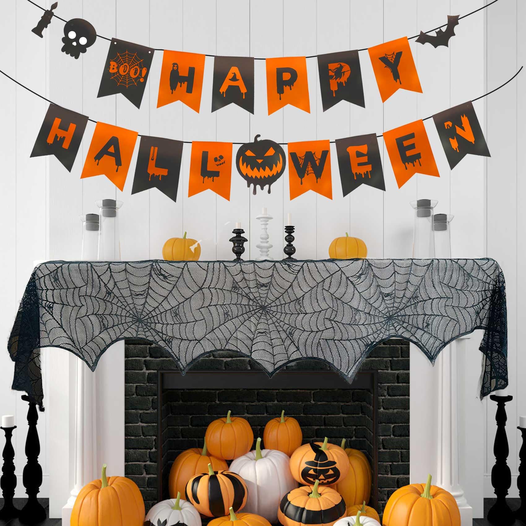 Halloween Decorations Indoor Set Fireplace Mantel Scarf Cover Black Lace Spiderweb Table Runner for Kitchen Halloween Banner with 3D Bat for Halloween Party Decorations Indoor