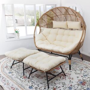 FINCATI Indoor Outdoor Double Egg Chair with Footrests, 2 Person Oversized Wicker Rattan Stationary Lounge Chair with Legs, 680 lbs Loveseat Boho Egg Basket Chairs with Ottomans Beige