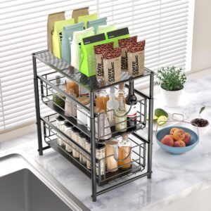 Almaybe Under Sink Organizers and Storage, 2 Tiers Metal Adjustable Height Pull Out Cabinet Organizer, Stackable for Kitchen Bathroom Organizers and Storage (Black)