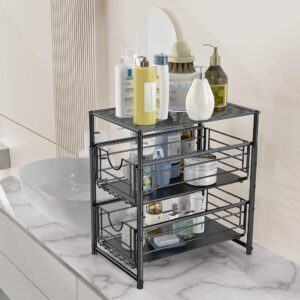 Almaybe Under Sink Organizers and Storage, 2 Tiers Metal Adjustable Height Pull Out Cabinet Organizer, Stackable for Kitchen Bathroom Organizers and Storage (Black)