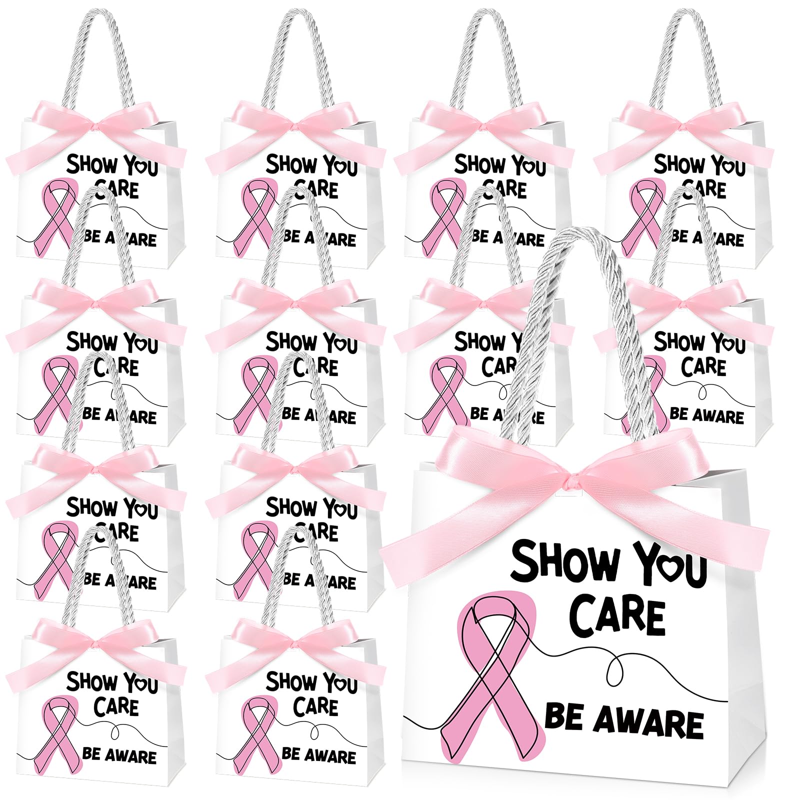 Weekgrat 25 Pack Small Pink Ribbon Bags with Handles Breast Cancer Awareness Paper Gift Bags and Bow Ribbon Show You Care Breast Cancer Bags Women Men Breast Cancer Fighter, 5.51 x 2.36 x 4.72 inch