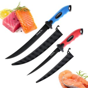 2pcs fillet knife for fish, hia professional 9 inch fillet knife and 7 inch fish fillet knife, premium stainless steel fishing boning knife for meat cutting trimming, knife sheath included