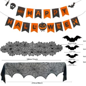 Halloween Decorations Indoor Set Fireplace Mantel Scarf Cover Black Lace Spiderweb Table Runner for Kitchen Halloween Banner with 3D Bat for Halloween Party Decorations Indoor