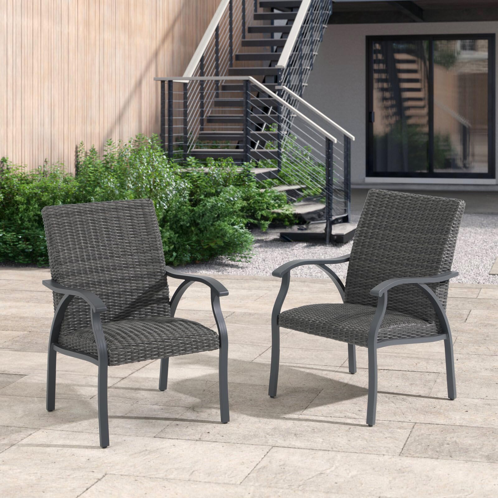 SUNSITT Patio Chairs Set of 2 w/Quick-Dry Foam Padded, All-Weather Rattan Outdoor Dining Chairs with Aluminum Frame, Wicker Bistro Chairs with High Backrest for Lawn, Deck, Porch, Garden, Dark-Grey