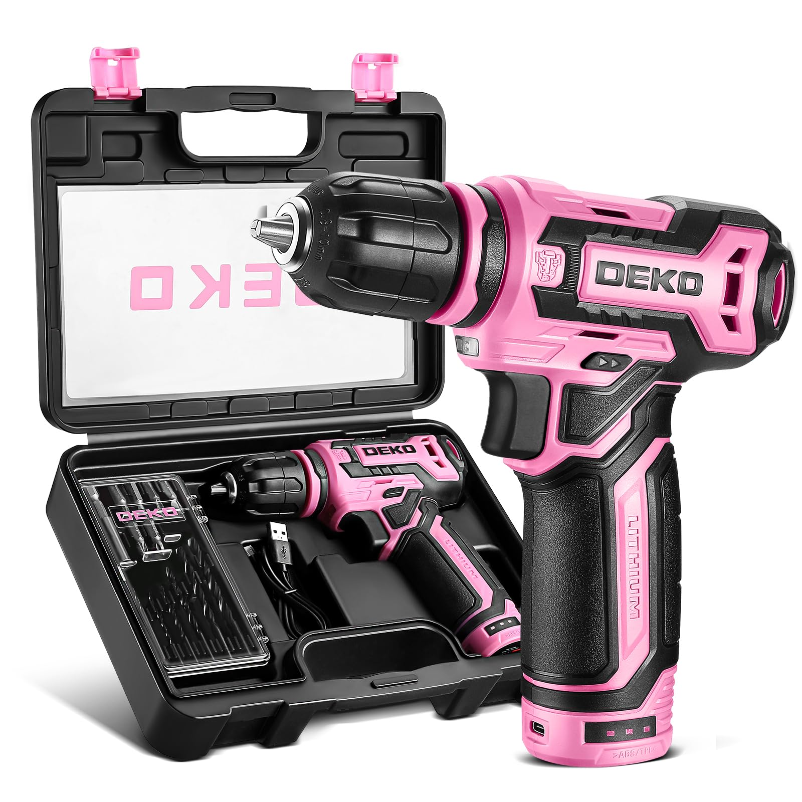 Cordless Drill：DEKOPRO 12V Power Drill Set with Pink Electric Drill with Tool Set Gift Box, Pink Drill Set for Women