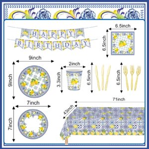 122PCS Capri Lemon Party Supplies for Baby Showe Bridal Shower Wedding Summer Citrus Fruit Themed Birthday Decor Italy Yellow Lemon Tablecloth Banner Tableware Set Plates Napkins Forks for 20 Guests