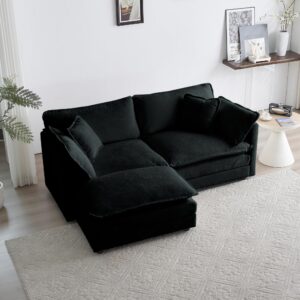 76.7" small black sectional couch with ottoman, deep seat luxury modern upholstered modular cloud couch sofa, l shaped for living room studio apartment office corner furniture set, fluffy chenille