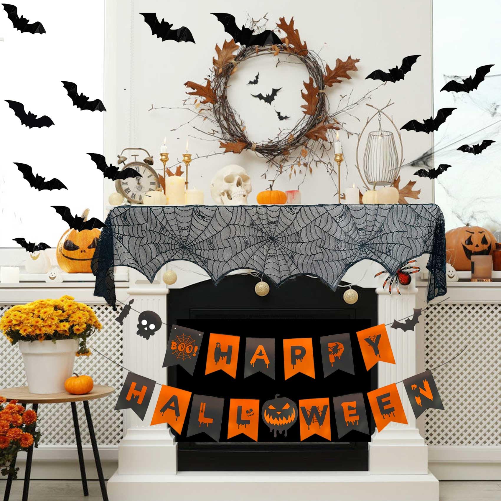 Halloween Decorations Indoor Set Fireplace Mantel Scarf Cover Black Lace Spiderweb Table Runner for Kitchen Halloween Banner with 3D Bat for Halloween Party Decorations Indoor