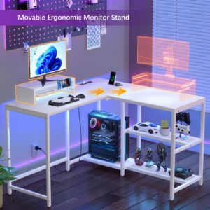 VEELOK L Shaped Desk with Power Outlets, Wood Computer Desk with Monitor Stand and Storage Shelves, Gaming Desk, Office Desk, Study Desk, Corner Desk Work Desk for Home Office, White