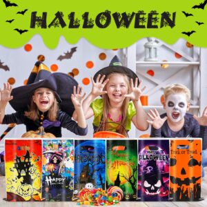 HOWAF 60pcs Halloween Treat Bags with Handles, Halloween Trick or Treat Goodie Bags for Kids Halloween Party Favors Candy Bags Halloween Plastic Gift Bags with Horror Castle Witch Ghost Spider Bat