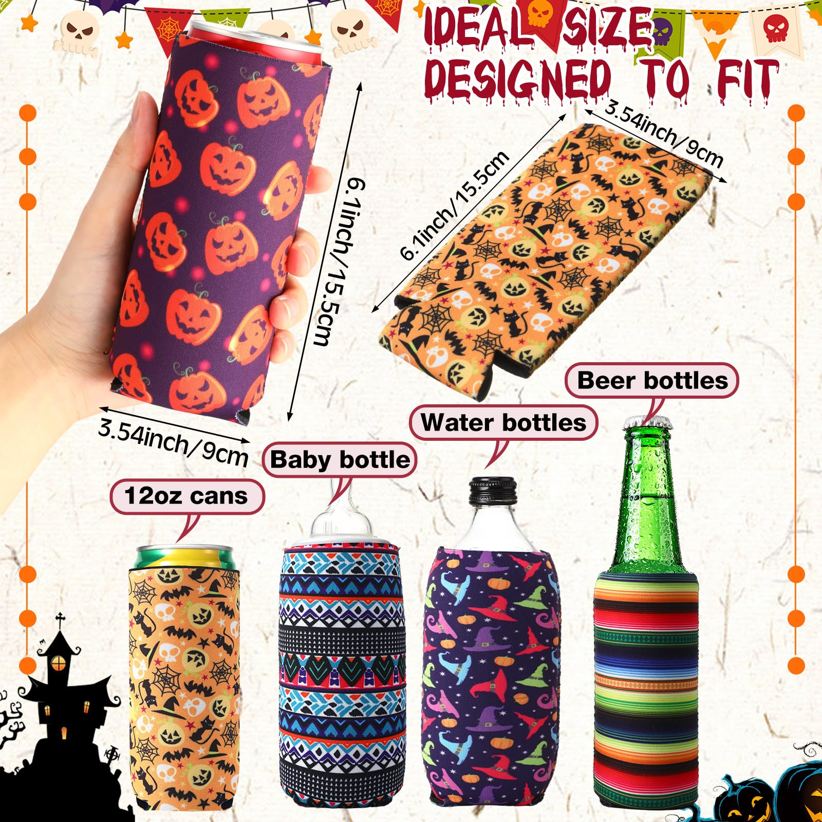 Potchen 24 Pcs Halloween Can Coolers Sleeves 12 oz Witch Skull Can Cooler Sleeves Neoprene Slim Beer Can Cooler Sleeves Bottle Insulator for Halloween Party Favors Gifts Decor Supplies