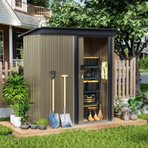 outdoor metal shed 5ftx3ft, mini weather resistant tool storage sheds with lockable door, sloped roof storage shed, perfect for backyard, garden & lawn(brown)