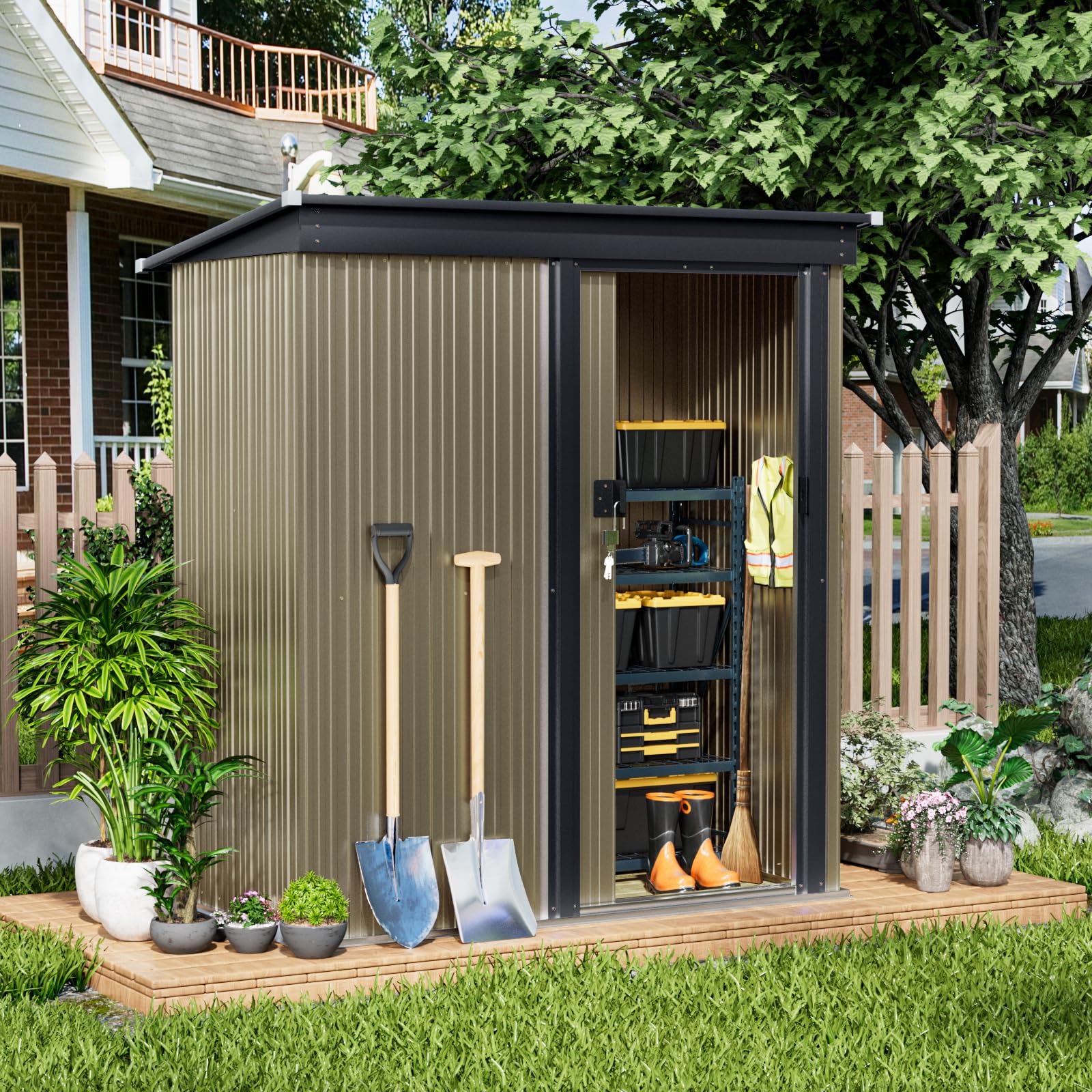 Outdoor Metal Shed 5FTx3FT, Mini Weather Resistant Tool Storage Sheds with Lockable Door, Sloped Roof Storage Shed, Perfect for Backyard, Garden & Lawn(Brown)