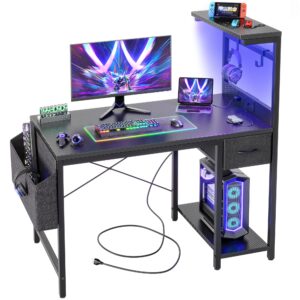 tiqlab gaming desk 40 inch with power outlet and led light, computer desk with reversible shelves and storage drawer, small pc desk for home office table with bag, carbon fiber black