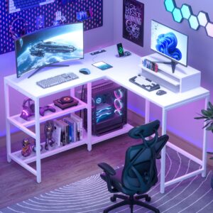 VEELOK L Shaped Desk with Power Outlets, Wood Computer Desk with Monitor Stand and Storage Shelves, Gaming Desk, Office Desk, Study Desk, Corner Desk Work Desk for Home Office, White