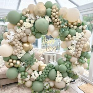 Sage Green White Sand Gold Balloon Garland Arch Kit-186pcs Sage Green White Sand Chrome Gold Balloons for Woodland Jungle Safari Birthday Baby Shower Bridal Shower Gender Reveal Party