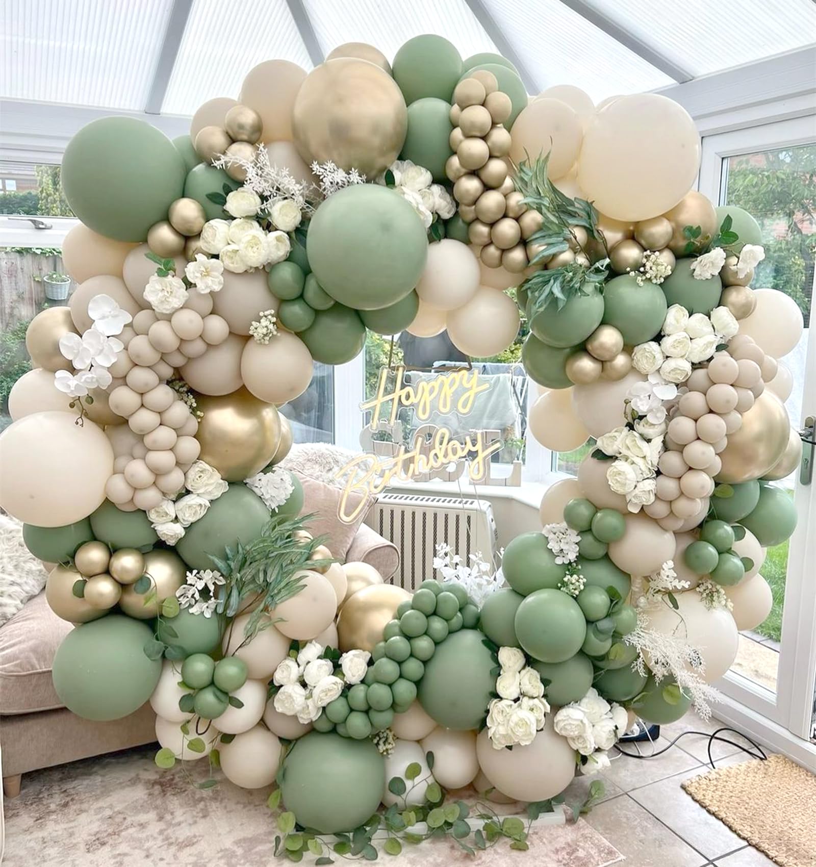 Sage Green White Sand Gold Balloon Garland Arch Kit-186pcs Sage Green White Sand Chrome Gold Balloons for Woodland Jungle Safari Birthday Baby Shower Bridal Shower Gender Reveal Party