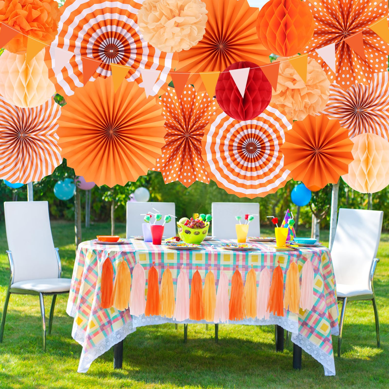 Orange Birthday Decorations Fall Party Decoration 28pcs Autumn Boho Friendsgiving Thanksgiving Harvest Party Banner, Streamers Tassel Garland, Tissue Pom Poms, Paper Fans, Bridal Shower Groovy Decor