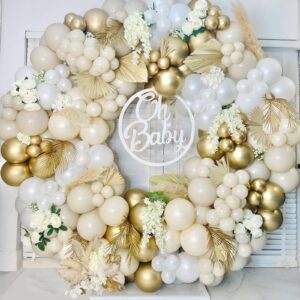 White Sand and Gold Balloons Arch Garland Kit-180pcs Neutral Metallic White Chrome Gold Balloons for Boho Wedding Baby Shower Bridal Shower Birthday Party Decorations