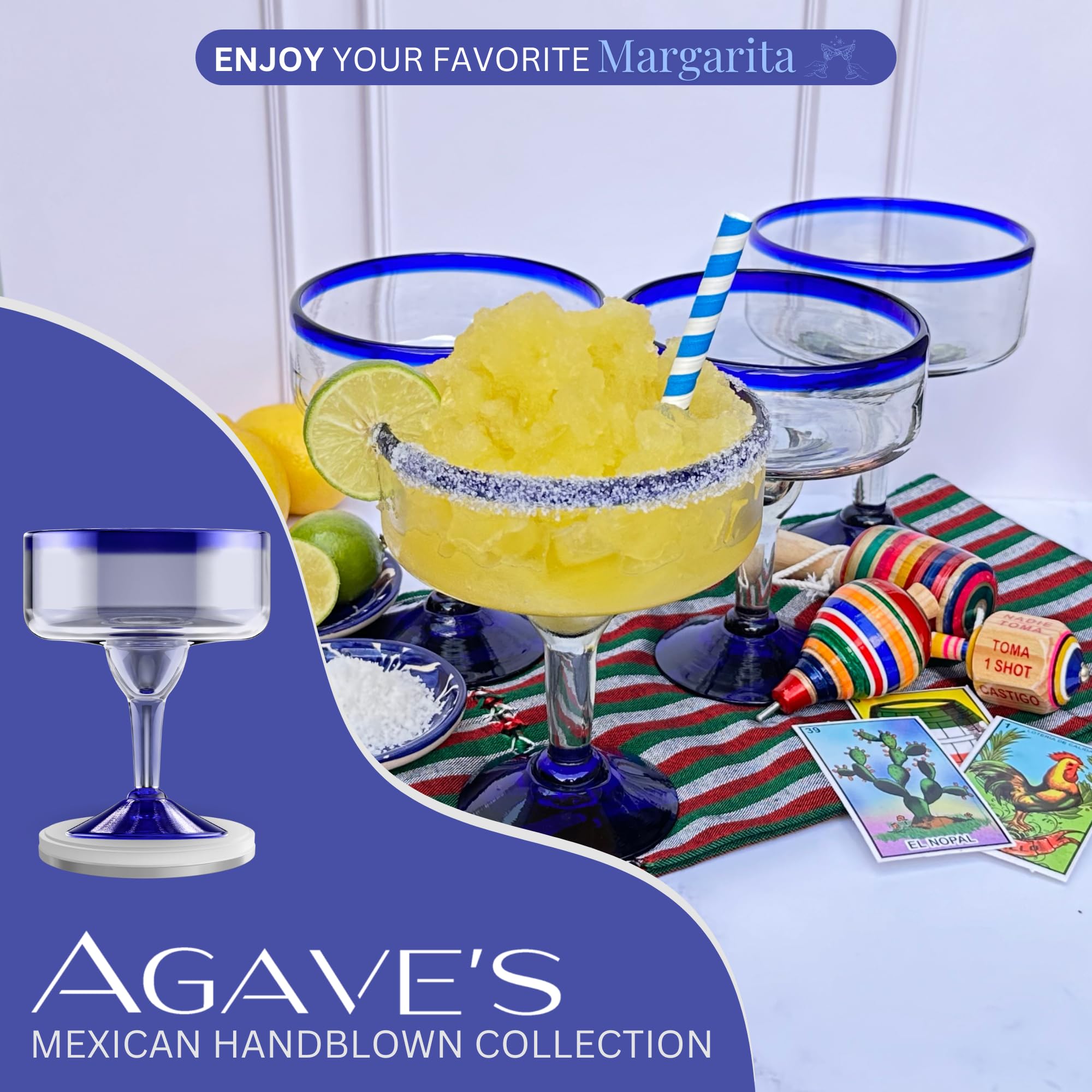 AGAVE'S GLASSWARE Margarita Glasses Set of 4 (16 oz) Gift Box – Cobalt Blue Rim Margarita Glass, Handmade, Mexican Glassware, Cocktail Glasses, Coupe Glasses (Cobalt Blue Rim).