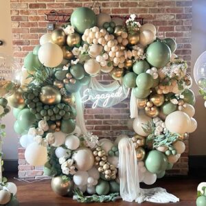 Sage Green Balloons Arch Kit-184pcs Sage Green Sand White and Chrome Gold Balloons Garland Kit for Birthday Baby Shower Bridal Shower Jungle Safari Engagement Party Decorations