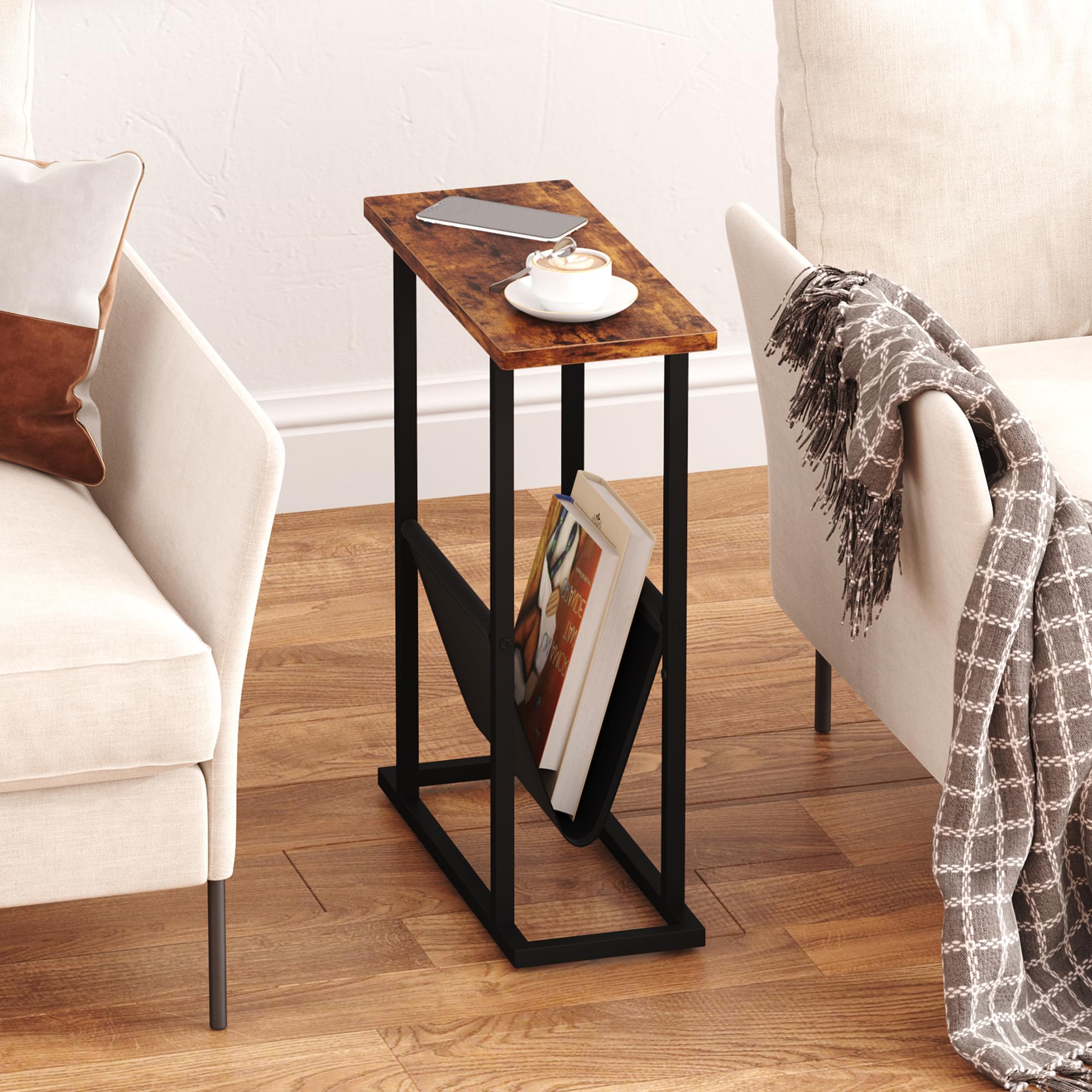 Narrow Side Table for Small Spaces, Small End Table with Magazine Holder Table, Skinny Slim Little Thin Table for Living Room, Bedroom, Sofa, Rustic Brown