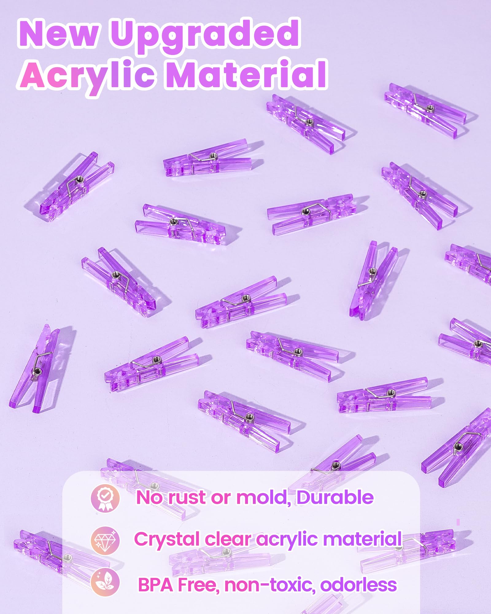 60PCS Purple Clothes Pins for Baby Shower Games Girl, Transparent Acrylic Clothes Pin Bulk, 1.4'' Mini Clothespins for Photos, DIY Crafts, Baby Shower Game Prop/Party Favors/Decorations